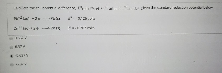 Solved Calculate the cell potential difference, Eºcell | Chegg.com