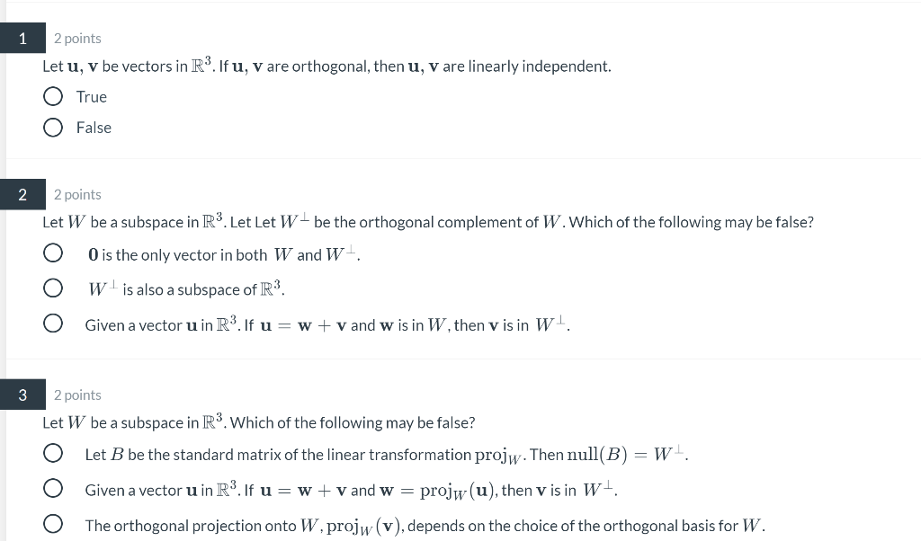 Solved 1 2 points Let u, v be vectors in R3.If u, v are | Chegg.com