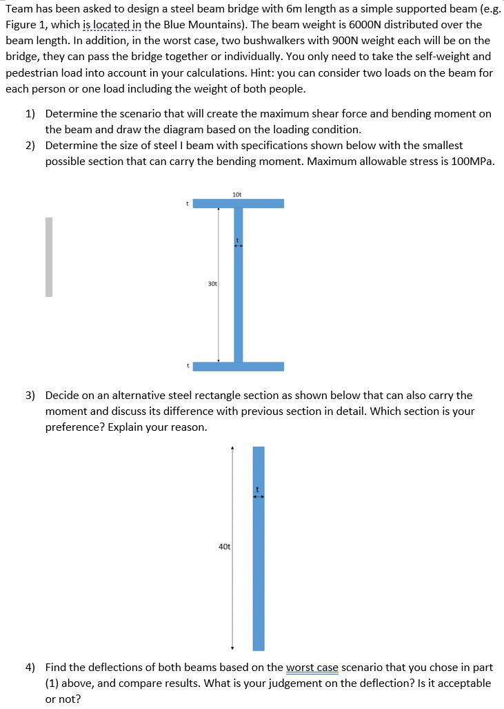 Solved Team has been asked to design a steel beam bridge | Chegg.com
