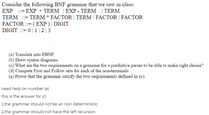 Consider the following BNF grammar that we saw in | Chegg.com