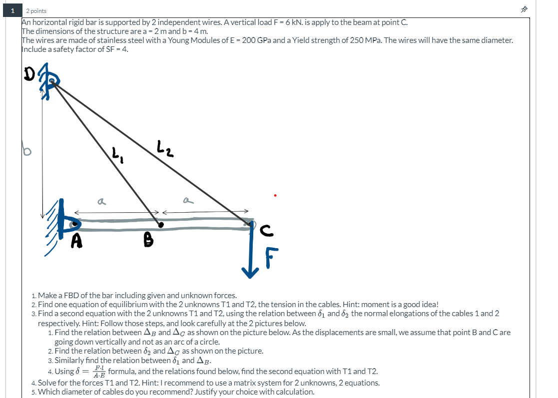 Solved 12 ﻿pointsAn horizontal rigid bar is supported by 2 | Chegg.com
