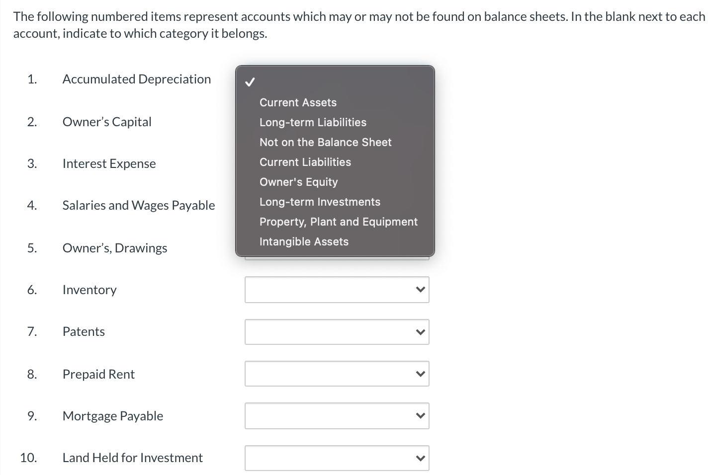 Solved The following numbered items represent accounts which | Chegg.com