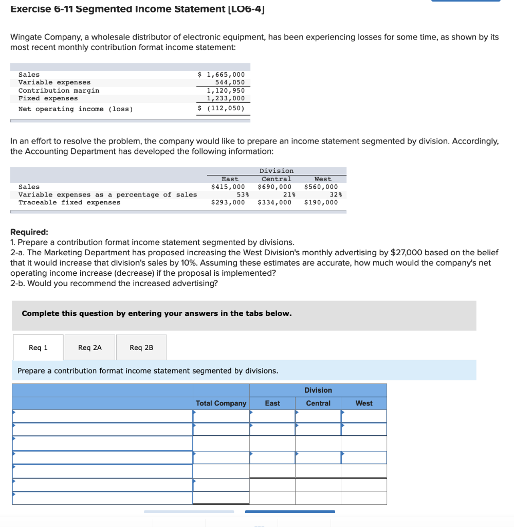Solved Exercise 6-11 Segmented Income Statement (L06-4) | Chegg.com
