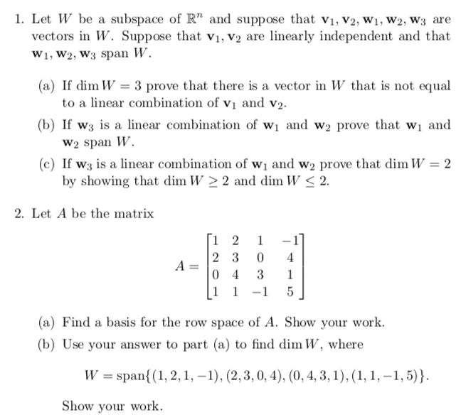 Solved 1 Let W Be A Subspace Of R And Suppose That Vi V2