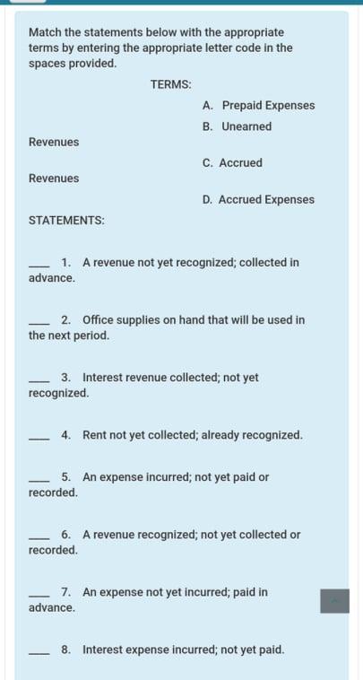 Solved Match the statements below with the appropriate terms | Chegg.com