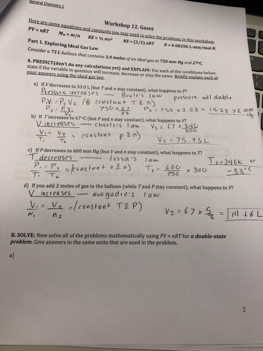 Solved Workshop 12. Gases Part 1. Exploring Ideal Gas Law | Chegg.com