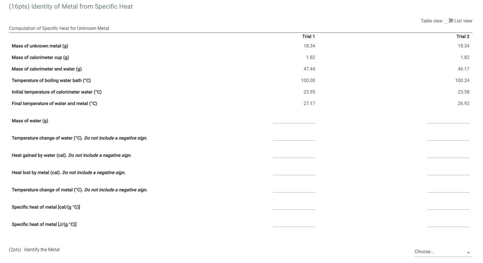 Solved Data And Report Submission - Energy And Specific Heat | Chegg.com