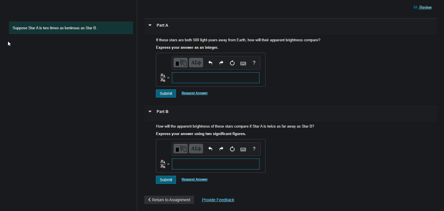 Solved Review Part A Suppose Star A is two times as luminous | Chegg.com