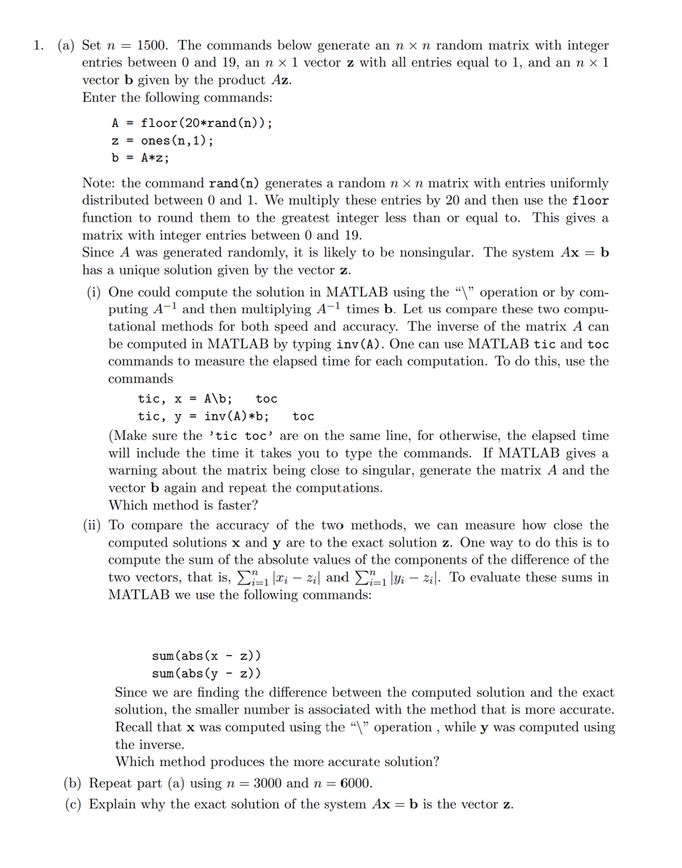 Solved 1. (a) Set n = 1500. The commands below generate an n | Chegg.com