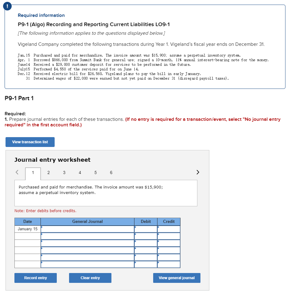 Solved Required information P9-1 (Algo) Recording and | Chegg.com