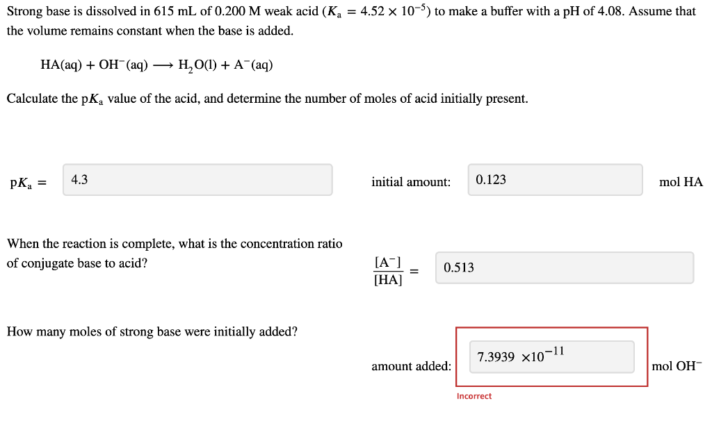 Solved Strong base is dissolved in 615 mL of 0.200 M weak | Chegg.com