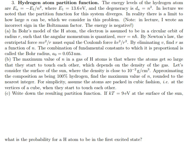 3. Hydrogen atom partition function. The energy | Chegg.com