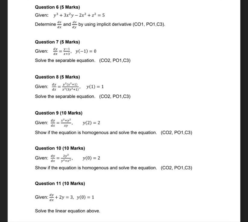 Solved Question 6 (5 Marks) Given: \\( y^{3}+3 x^{2} y-2 | Chegg.com