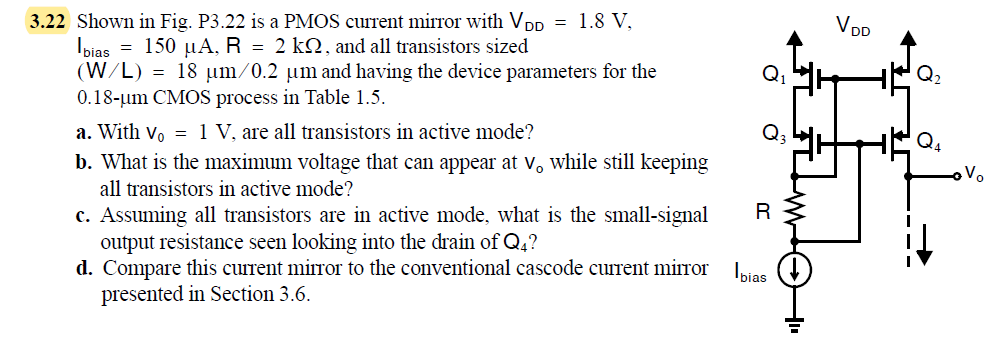3.22 Shown in Fig. P3.22 is a PMOS current mirror | Chegg.com