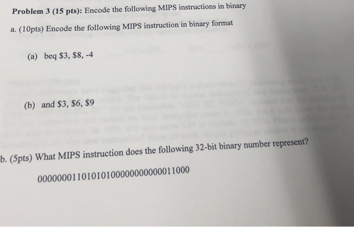 Solved Problem 3 (15 pts): Encode the following MIPS | Chegg.com