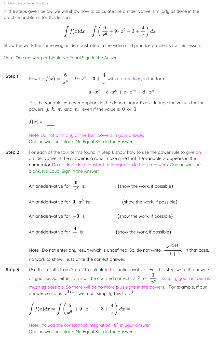 Solved Antiderivative of Power Functions In the steps given | Chegg.com