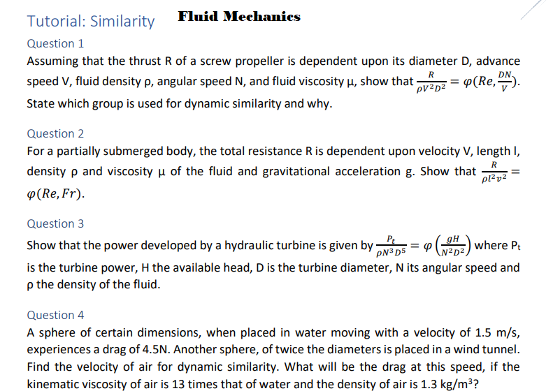 Solved Tutorial: Similarity Fluid Mechanics Question 1 | Chegg.com