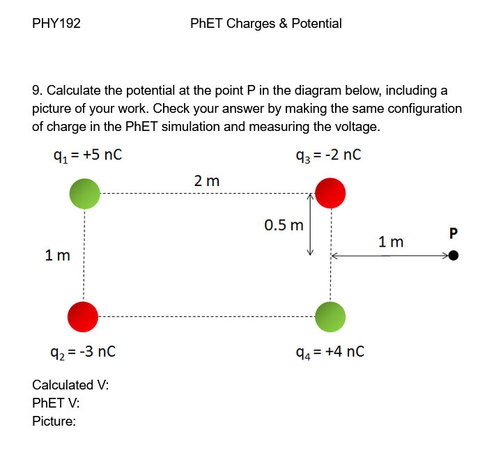 Solved PHY192 PhET Charges & Potential 9. Calculate the | Chegg.com