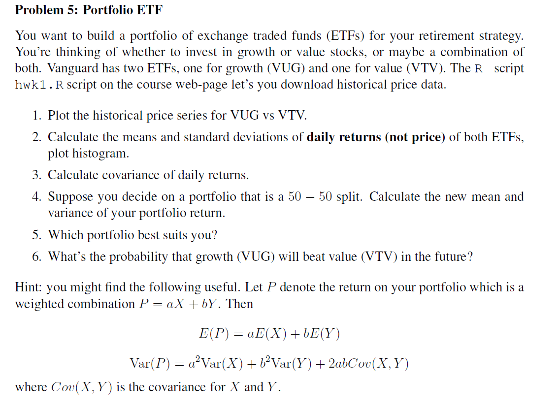 Solved Problem 5: Portfolio ETF You want to build a | Chegg.com