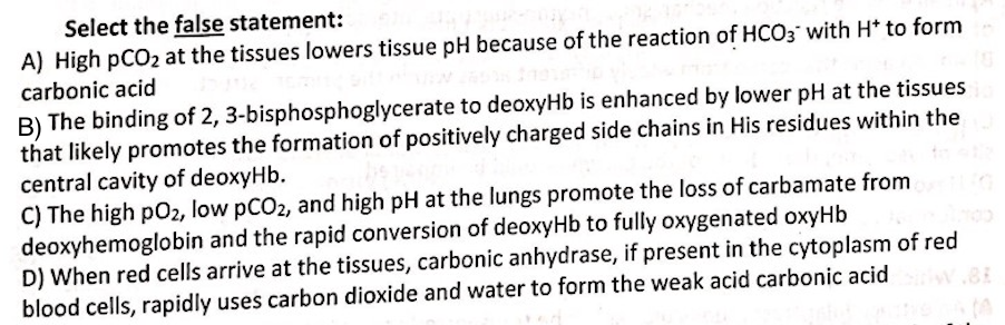 Solved Select the false statement: A) High pCO2 at the | Chegg.com