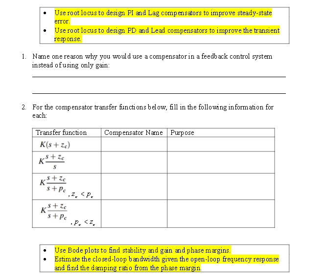 Solved Use Root Locus To Design Pi And Lag Compensators To 