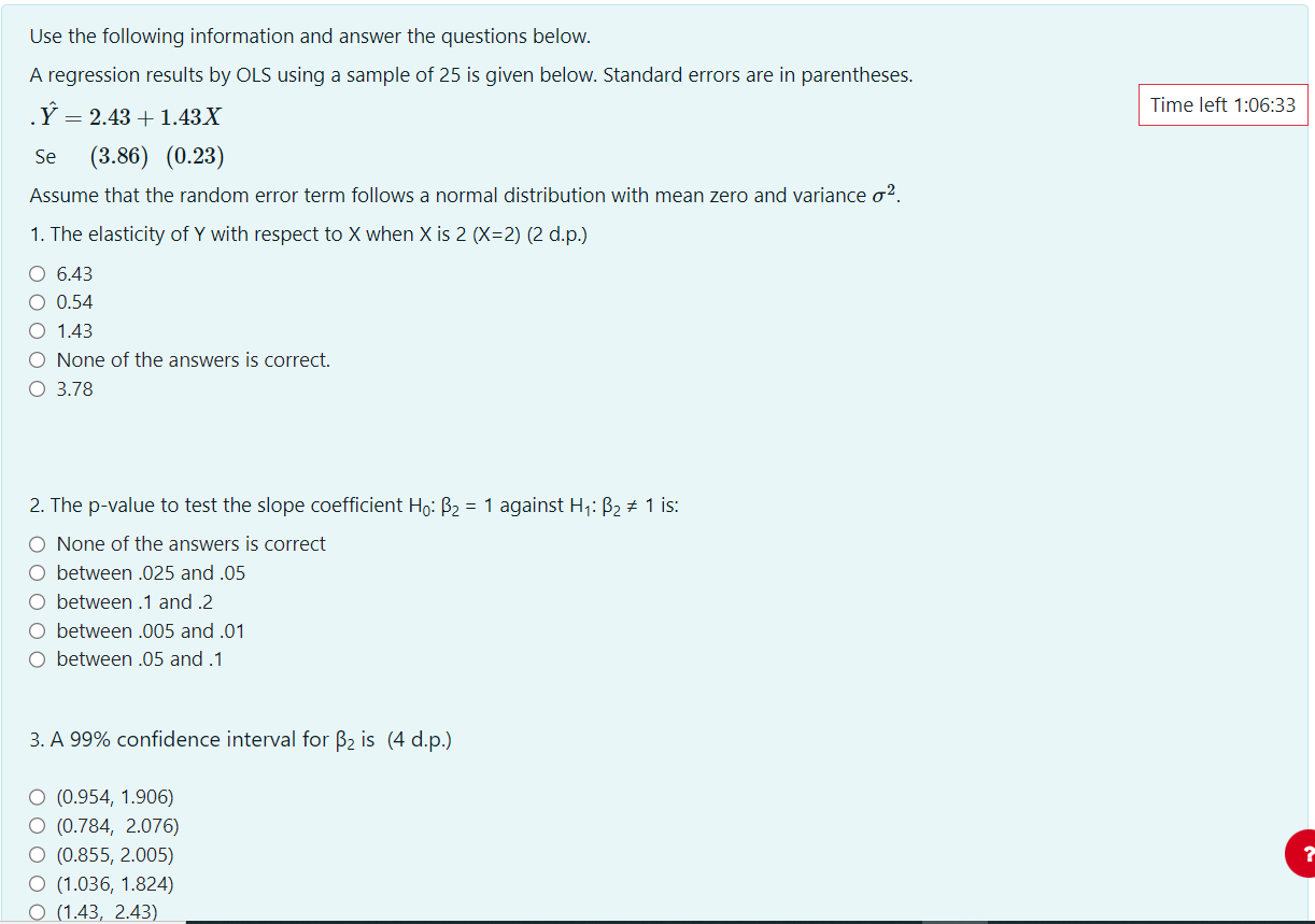 Solved Y^=2.43+1.43X Se (3.86)(0.23) Assume that the random | Chegg.com