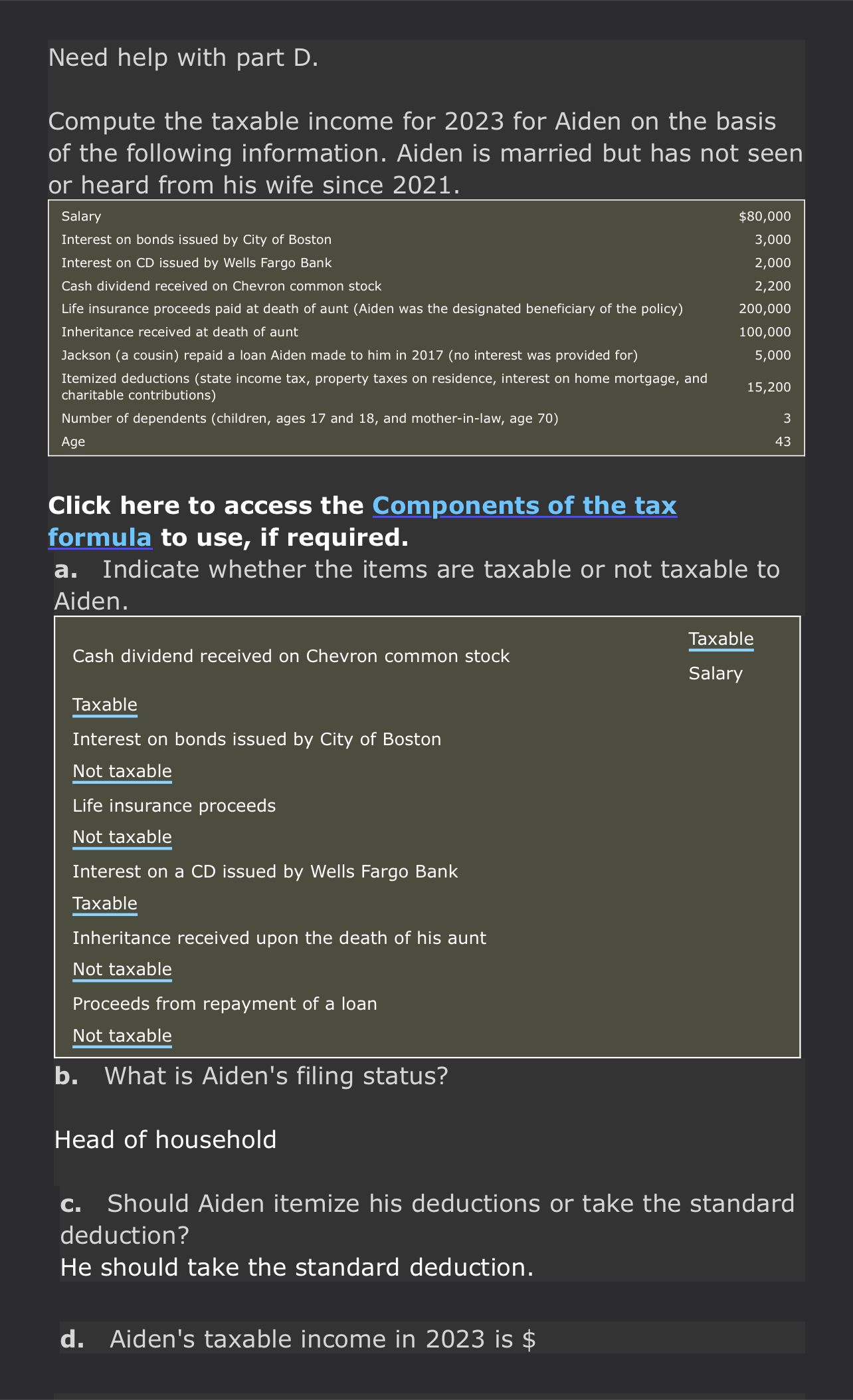 Solved Need help with part D.Compute the taxable income for | Chegg.com