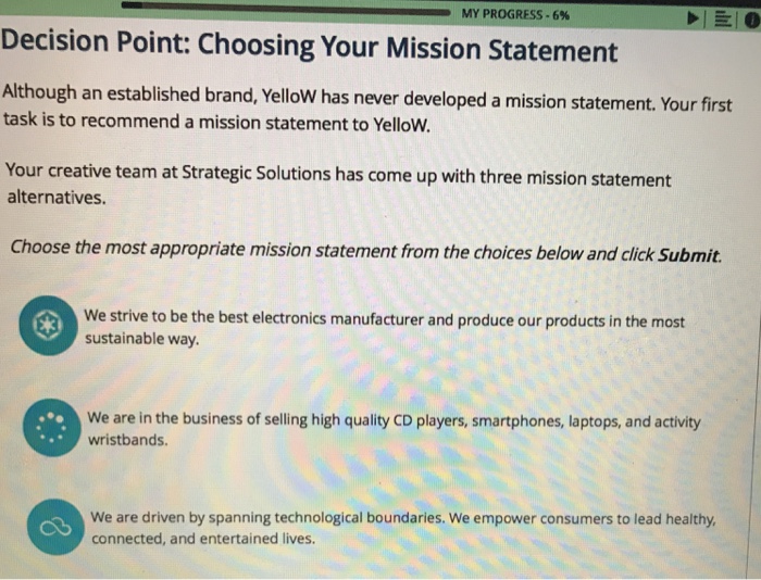 Solved MY PROGRESS-6% Decision Point: Choosing Your Mission | Chegg.com Solved MY PROGRESS-6% Decision Point: Choosing Your Mission | Chegg.com