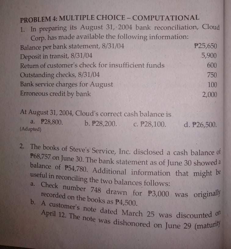 Solved PROBLEM 4: MULTIPLE CHOICE - COMPUTATIONAL 1. In | Chegg.com