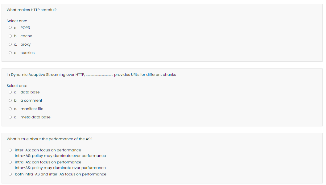 Solved What makes HTTP stateful? Select one: O a POP3 Ob | Chegg.com