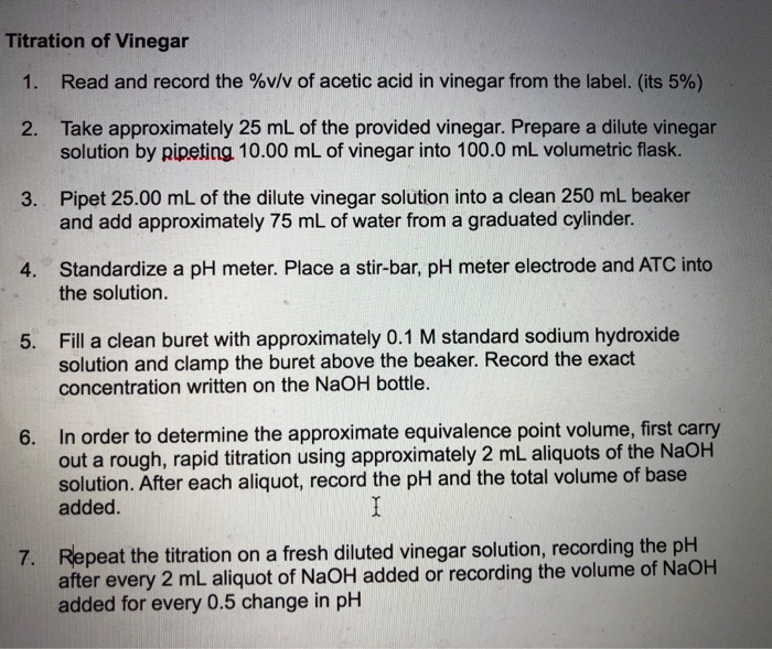 Solved Titration of Vinegar I. Read and record the %v/v of | Chegg.com