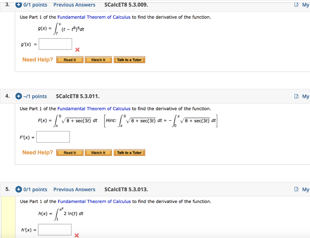Solved 3. + 0/1 points Previous Answers CalcET8 5.3.009. My | Chegg.com