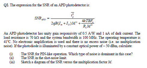 Q2. The expression for the SNR of an APD | Chegg.com