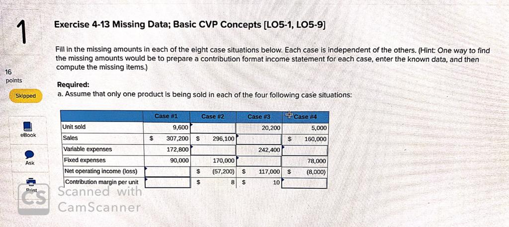 Solved Exercise 4-13 Missing Data; Basic CVP Concepts | Chegg.com