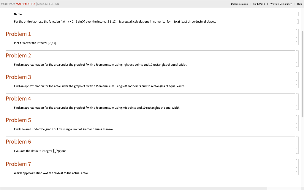 Solved WOLFRAM MATHEMATICA STUDENT EDITION Name For the | Chegg.com