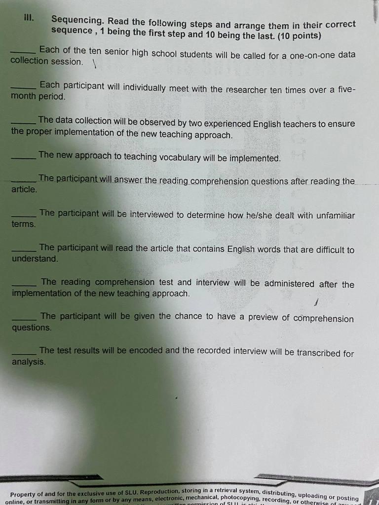 Solved III. Sequencing. Read the following steps and arrange | Chegg.com