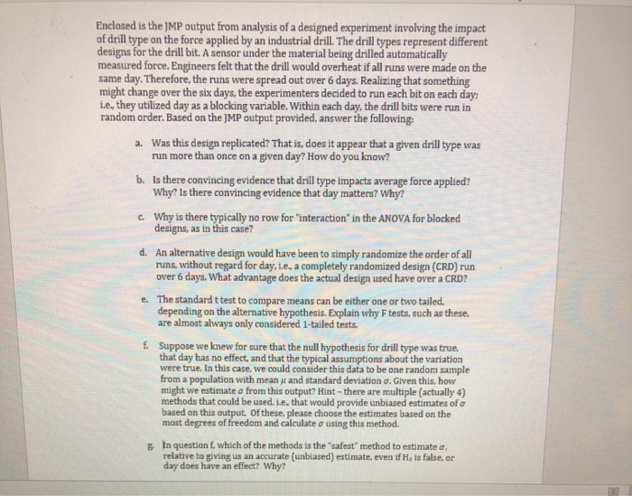 Solved Enclosed is the JMP output from analysis of a | Chegg.com