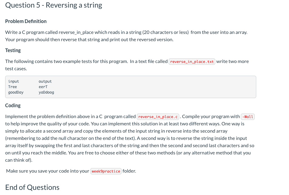 Solved Question 5 Reversing A String Problem Definition