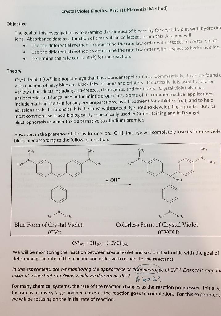 Crystal Violet Kinetics Part I Differential Method Chegg