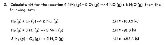 Solved 2. Calculate AH for the reaction 4 NH3 (9) + 5 O2 (9) | Chegg.com
