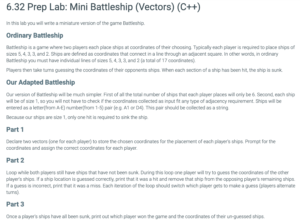 Solved 6.32 Prep Lab: Mini Battleship (Vectors) (C++) In | Chegg.com