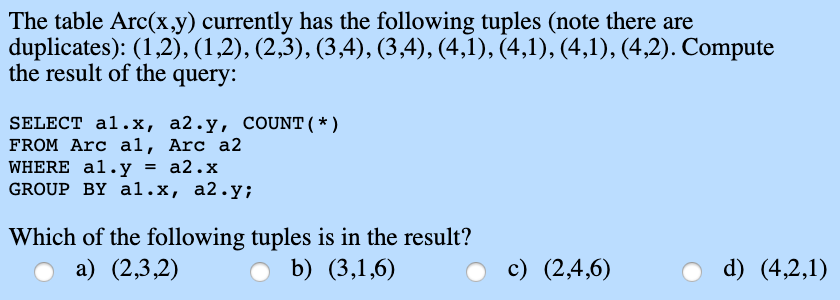 Solved The table Arc(x.y) currently has the following tuples | Chegg.com
