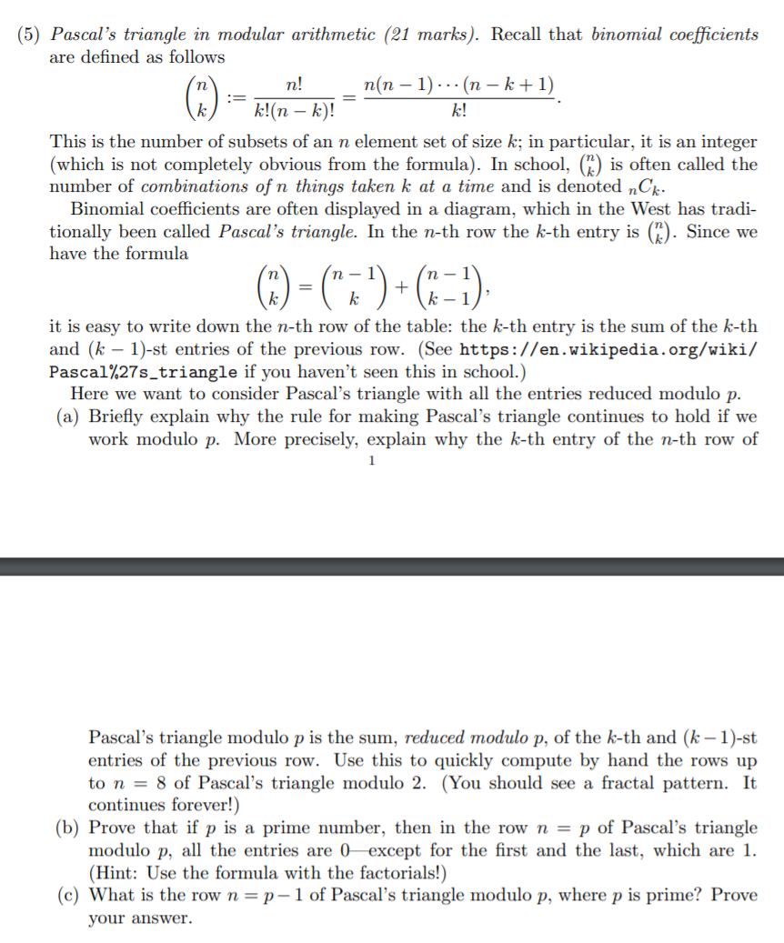 5) Pascal's triangle in modular arithmetic (21 | Chegg.com