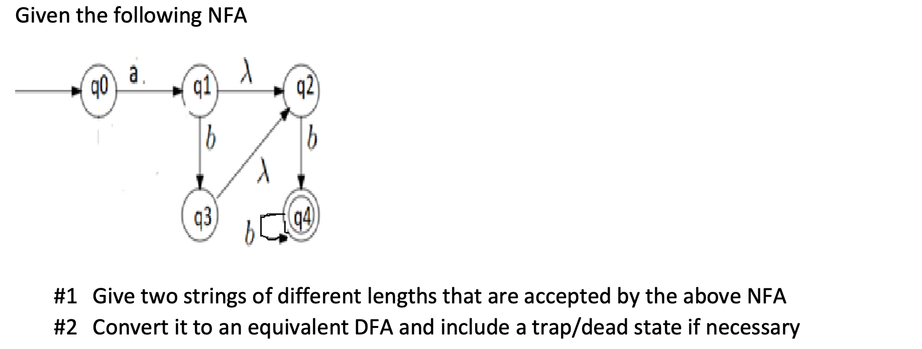 Solved Given the following NFA a 90 91 92 93 94 #1 Give two | Chegg.com