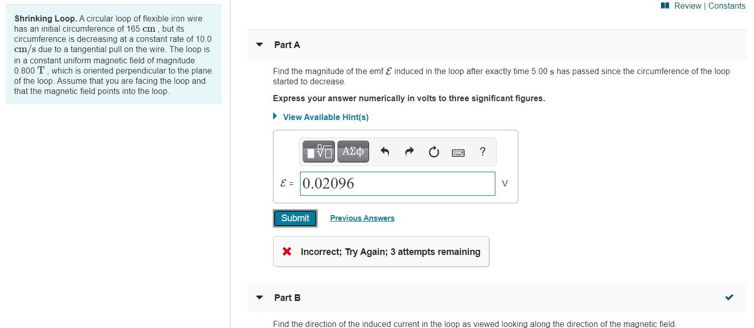 Solved 1 Review Constants Part A Shrinking Loop. A circular | Chegg.com