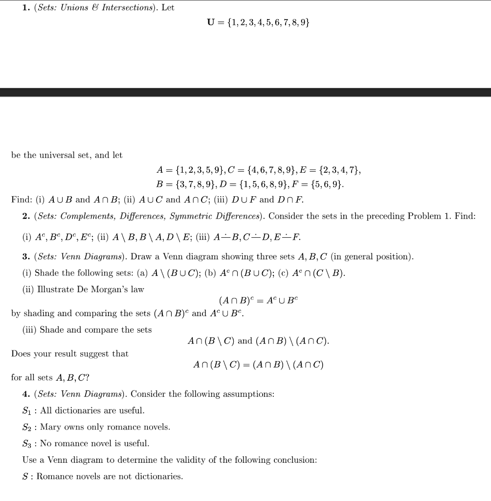 Solved 1. (Sets: Unions \& Intersections). Let | Chegg.com Solved 1. (Sets: Unions \& Intersections). Let | Chegg.com