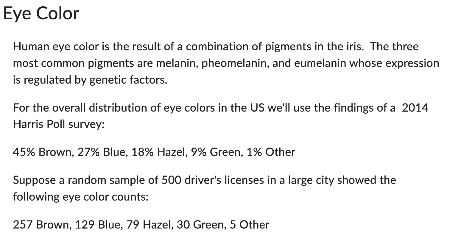 Solved Human eye color is the result of a combination of | Chegg.com