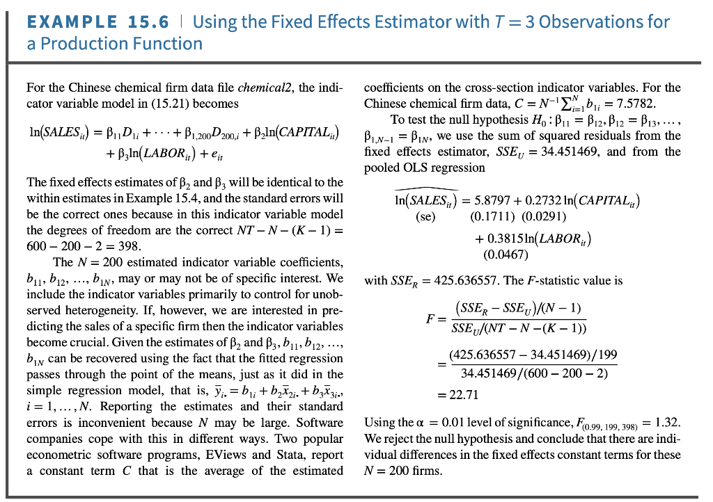 EXAMPLE 15.6 | Using the Fixed Effects Estimator with | Chegg.com