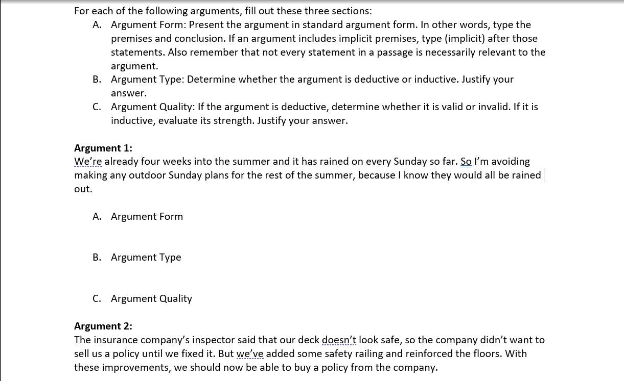 For each of the following arguments, fill out these | Chegg.com
