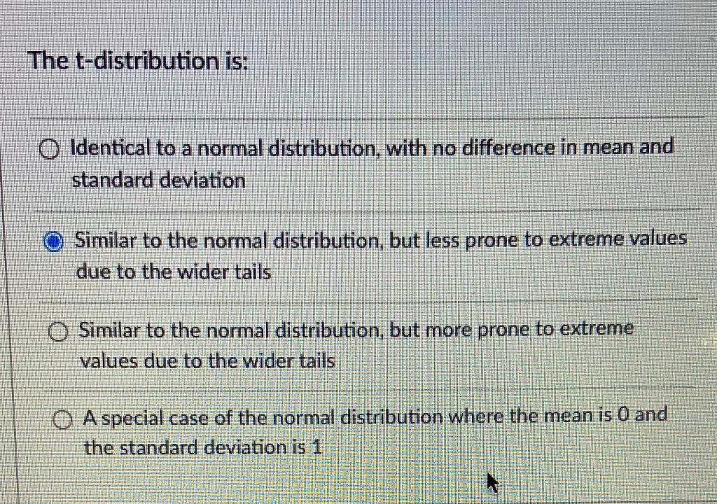 Solved The t-distribution is: Identical to a normal | Chegg.com